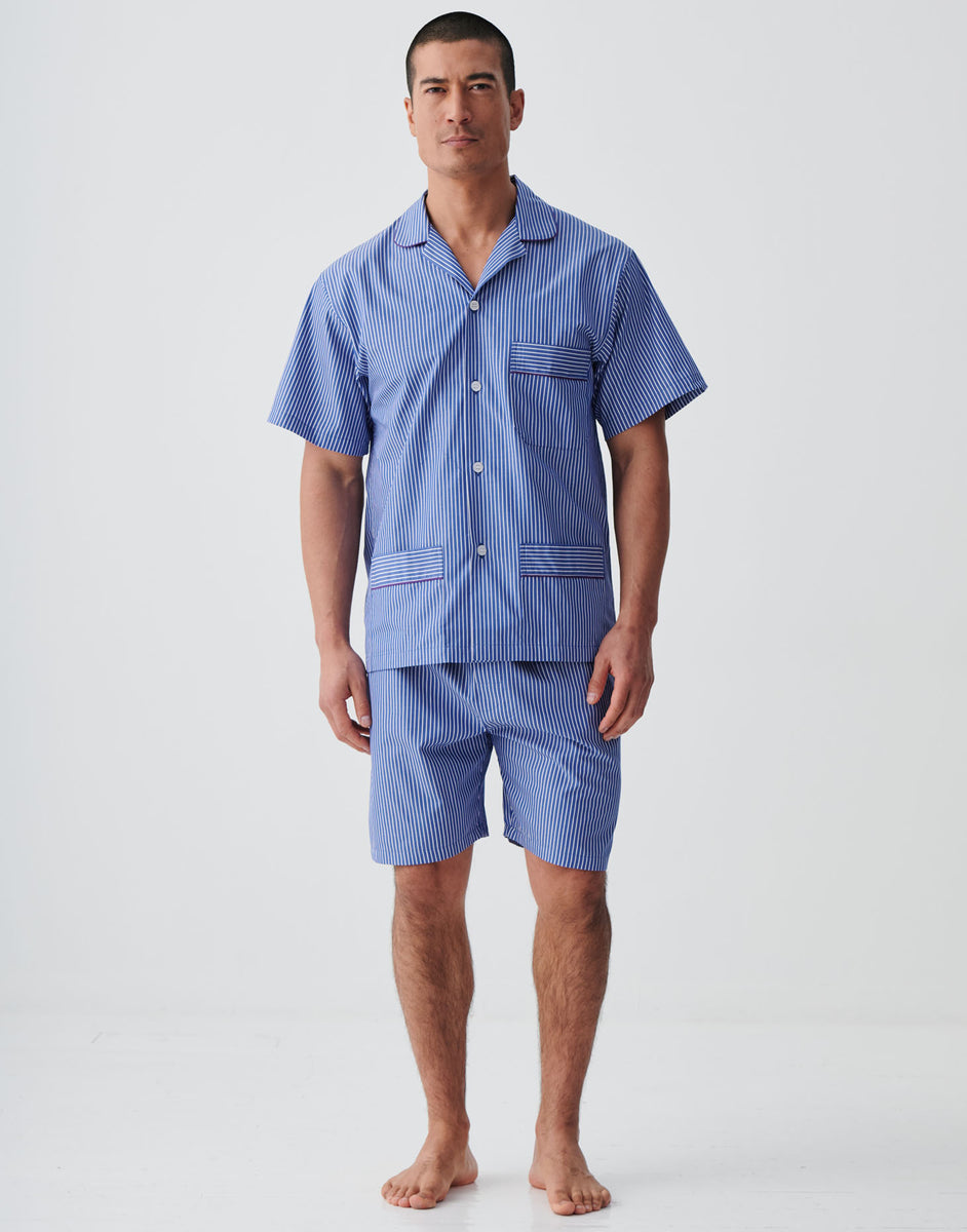 Men's Crisp Cotton Short Pyjama Set – Stowe Prussian Blue & White Stri