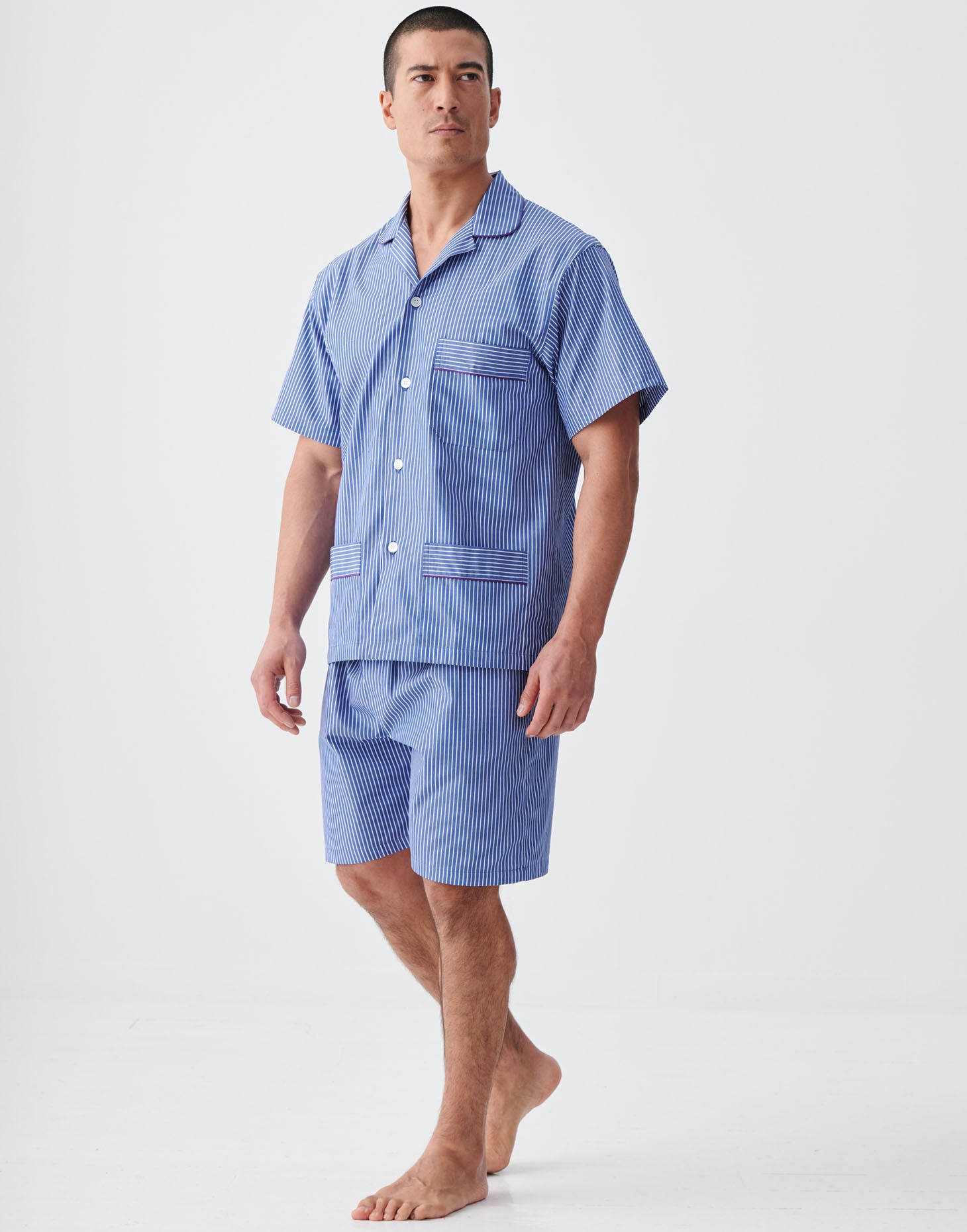 Men's Crisp Cotton Short Pyjama Set – Stowe Prussian Blue & White Stri