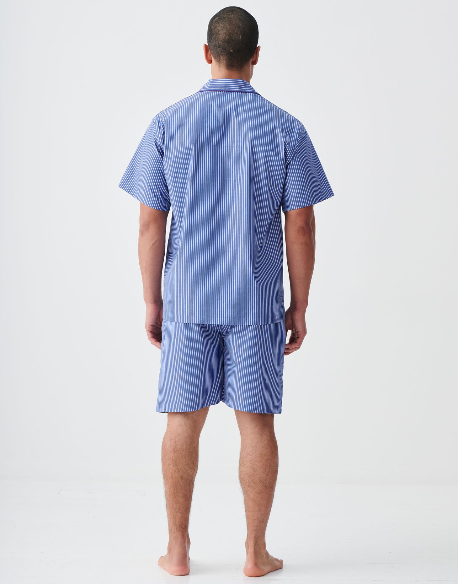 Men's Crisp Cotton Short Pyjama Set – Stowe Prussian Blue & White Stri
