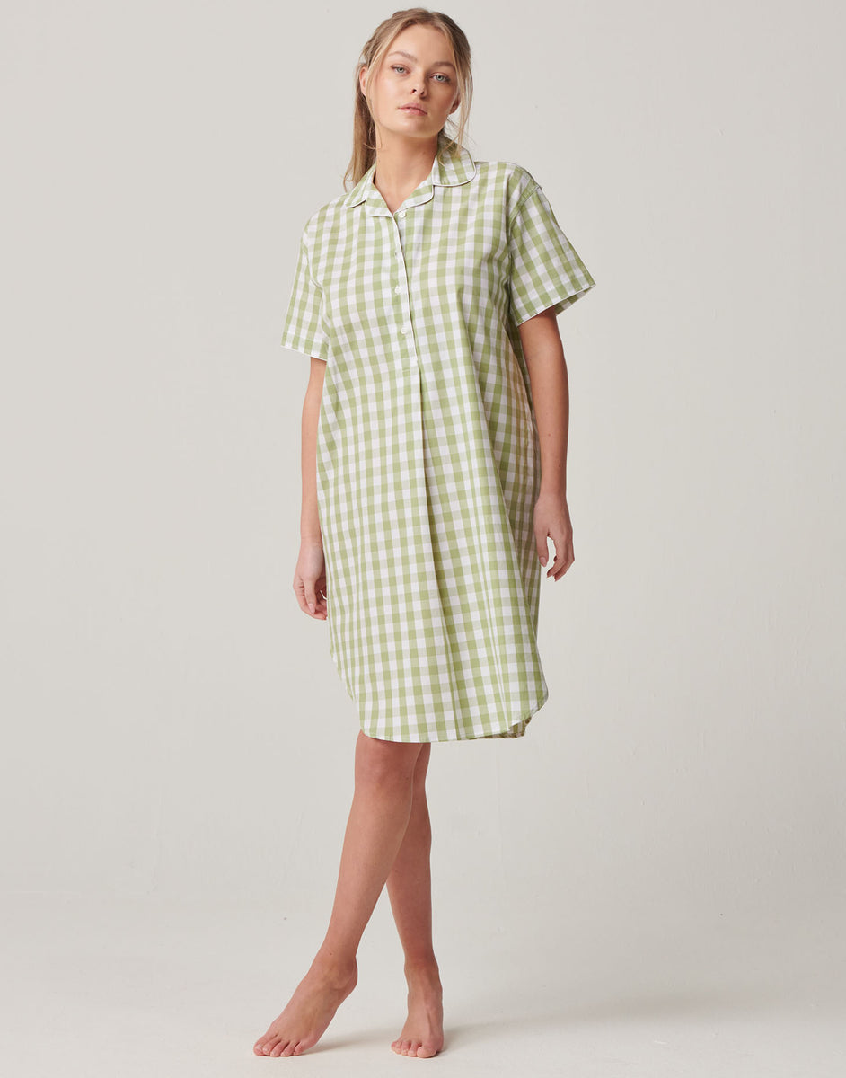 Women's Crisp Cotton Short Sleeve Nightshirt – Field Green Gingham